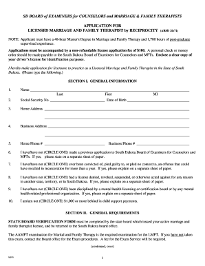 Fillable Online dss sd SD BOARD of EXAMINERS for COUNSELORS and MARRIAGE & FAMILY ... - dss sd ...