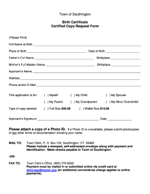 Fillable Online southington Birth Certificate Certified Copy Request ...
