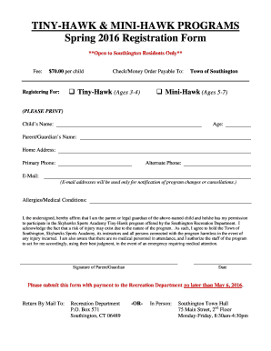 Fillable Online southington TINY-HAWK & MINI-HAWK PROGRAMS Spring 2016 ...