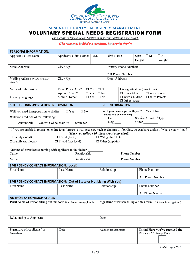 Fillable Online seminolecountyfl voluntary special needs registration form - Seminole County Fax ...