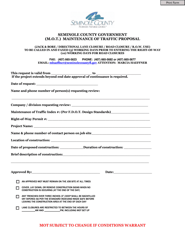 Fillable Online seminolecountyfl Maintenance of Traffic Proposal Form (PDF) - Seminole County ...