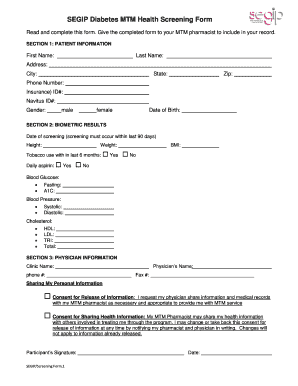 Fillable Online humanresources umn SEGIP Diabetes MTM Health Screening ...
