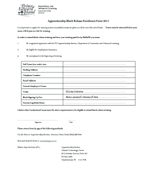 Fillable Online peiagsc Apprenticeship Block Release Enrolment Form ...
