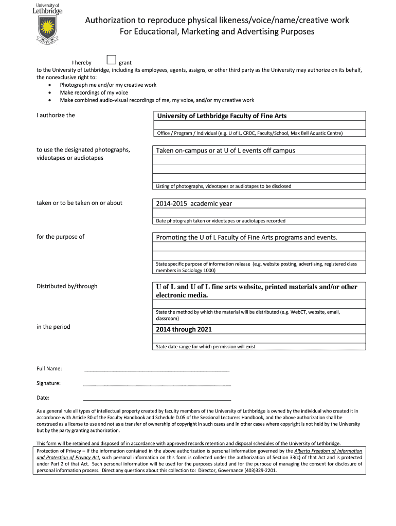 Fillable Online uleth Authorization to Reproduce Physical Likeness ...