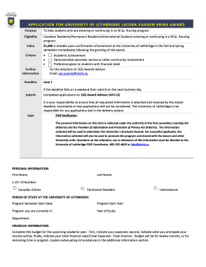 Fillable Online uleth APPLICATION FOR UNIVERSITY OF LETHBRIDGE JACOBA ...