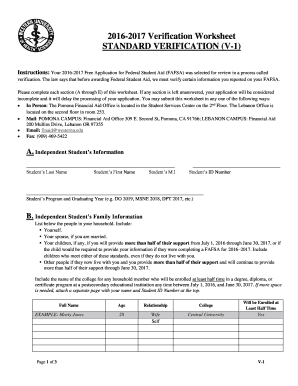 Fillable Online banapps westernu 2016-2017 Verification Worksheet STANDARD VERIFICATION (V-1 ...