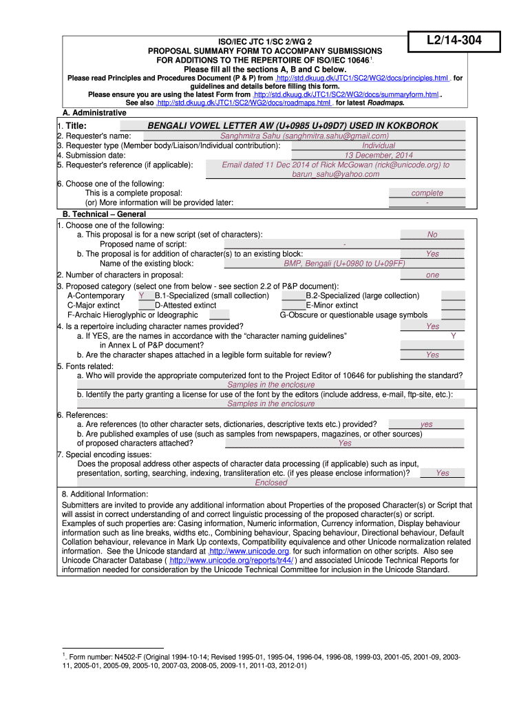 Fillable Online unicode ISO/IEC JTC 1/SC 2/WG 2 PROPOSAL SUMMARY FORM ... Fillable Online unicode ISO/IEC JTC 1/SC 2/WG 2 PROPOSAL SUMMARY FORM ...