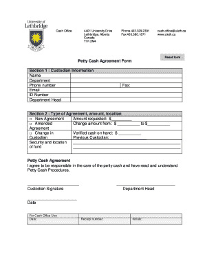 Fillable Online uleth Petty Cash Agreement Form Section 1 : Custodian ...