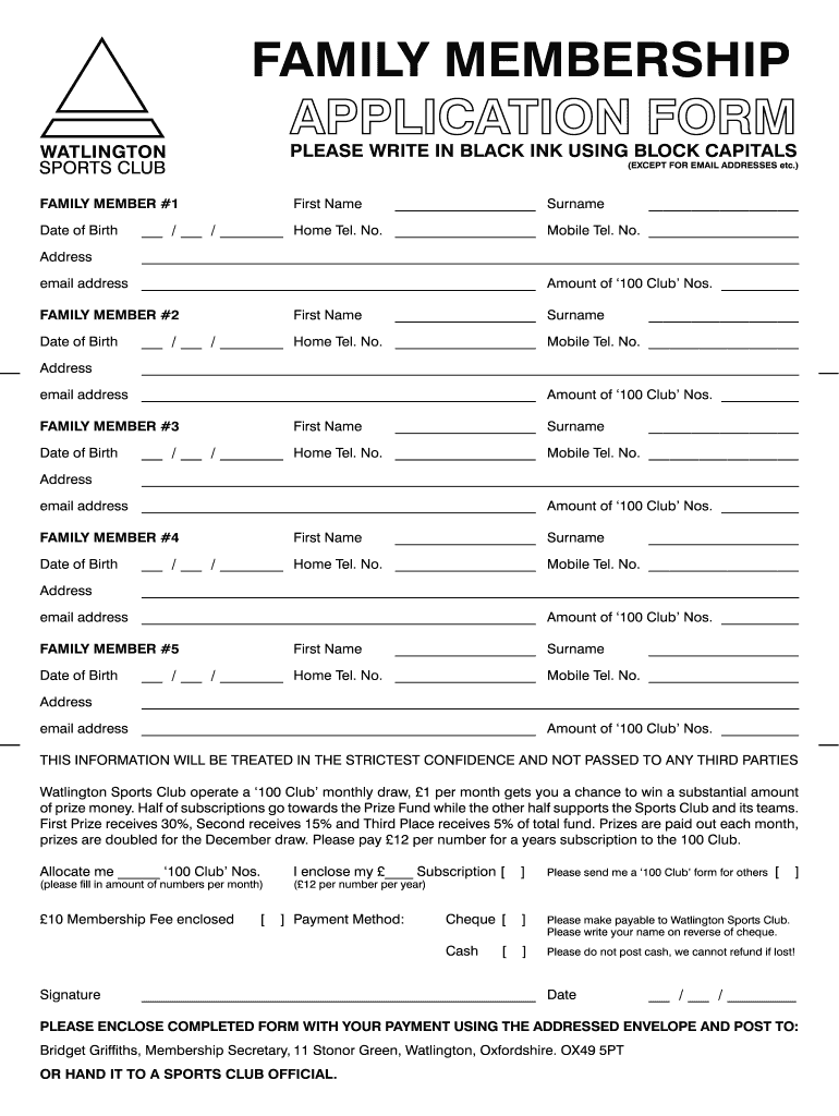 Fillable Online Family Membership Form. Watlington Sports Club Family ...