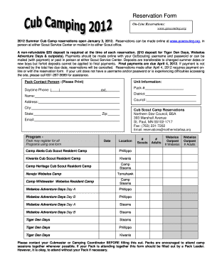 Fillable Online 2012 Cub Camp Reservation Form - Northern Star Council ...