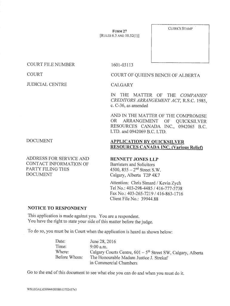 Fillable Online CLERK 'S STAMP FORM 27 RULES 6.3 AND 10,52(1) Fax Email ...