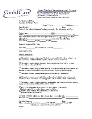Fillable Online Verification of Order Hospital Bed Order Form Doctor s ...