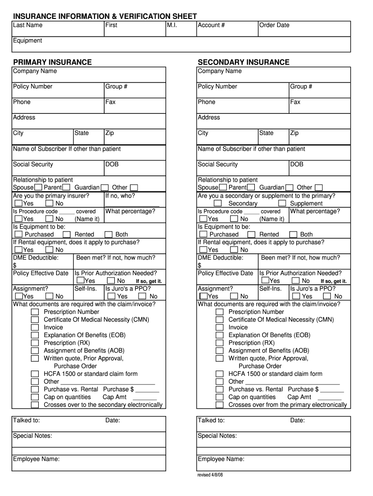 Fillable Online INSURANCE INFORMATION & VERIFICATION SHEET Fax Email ...