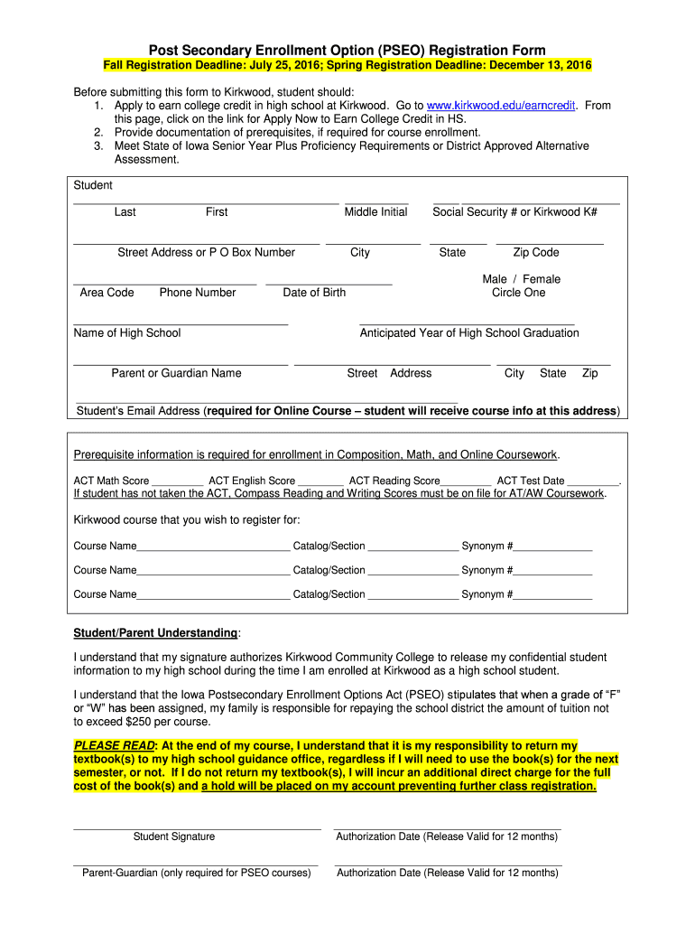 Fillable Online kirkwood Post Secondary Enrollment Option (PSEO ...
