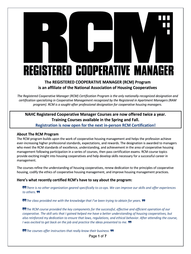 Fillable Online coophousing NAHC RCM Courses - coophousing.org Fax ...