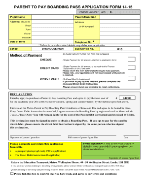 Fillable Online PARENT TO PAY BOARDING PASS APPLICATION FORM Fax Email ...