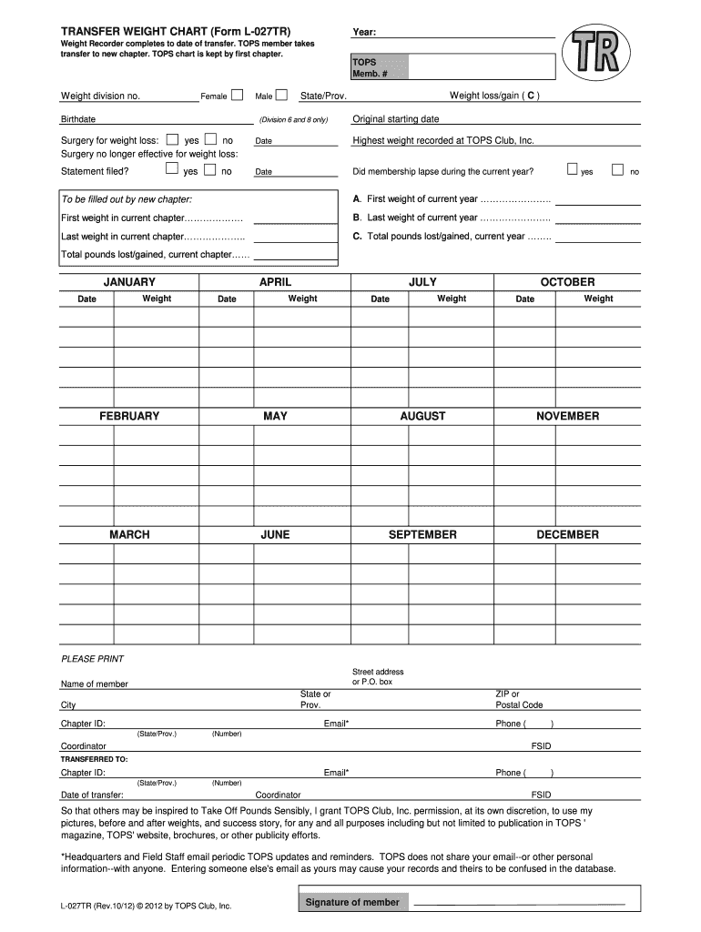 Fillable Online JUNE FEBRUARY MAY TRANSFER WEIGHT CHART (Form L-027TR ...