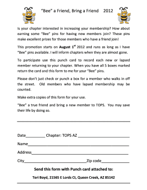 Fillable Online Bee a Friend, Bring a Friend 2012 - form Fax Email ...