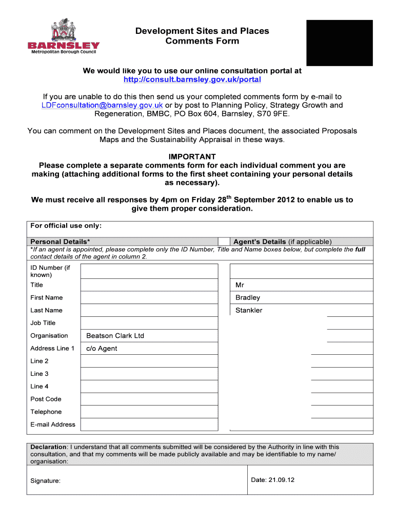 Fillable Online consult barnsley gov DSAP comments form - Barnsley Fax ...