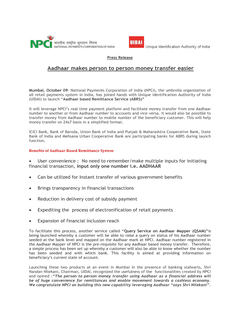 Fillable Online Aadhaar makes person to person money transfer easier ...