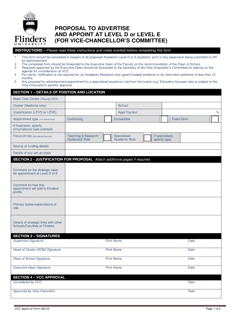 Fillable Online flinders edu PROPOSAL TO ADVERTISE AND APPOINT AT ...