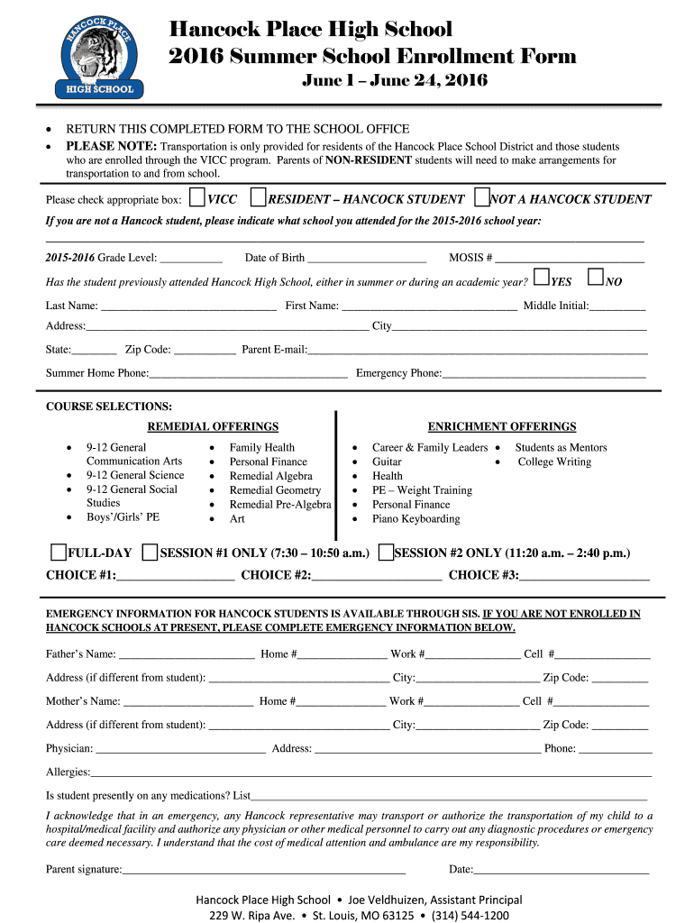 Fillable Online hs hancock k12 mo High School Enrollment Form-2016 - hs ...
