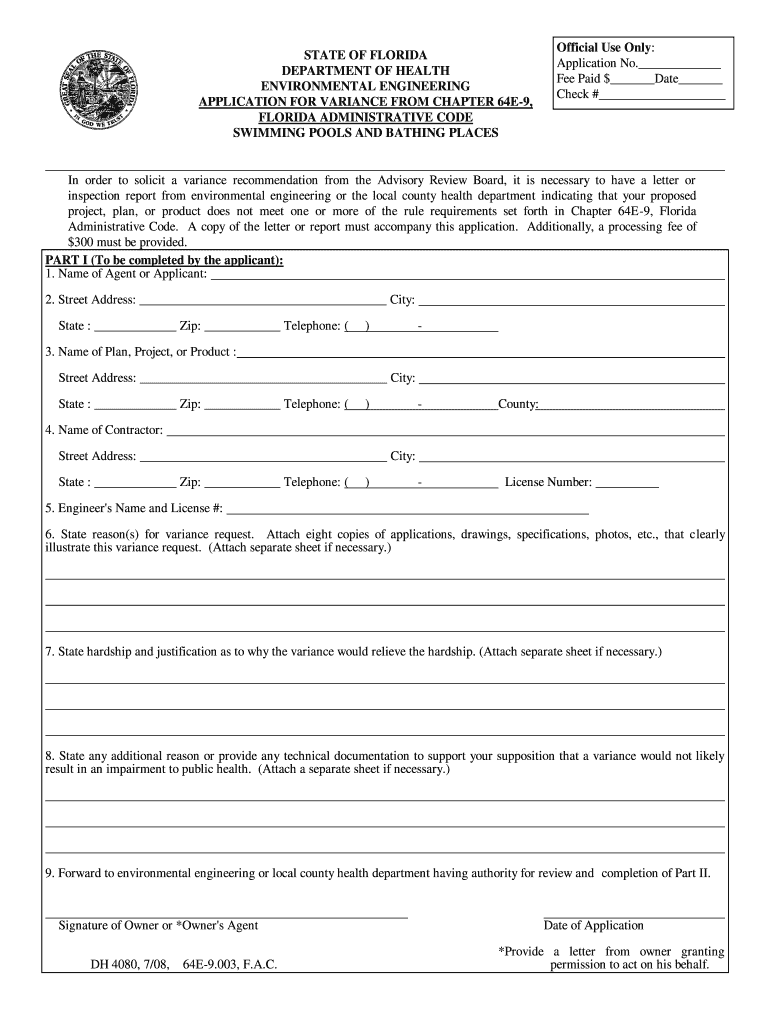 Fillable Online APPLICATION FOR VARIANCE FROM CHAPTER 64E-9, Fax Email ...