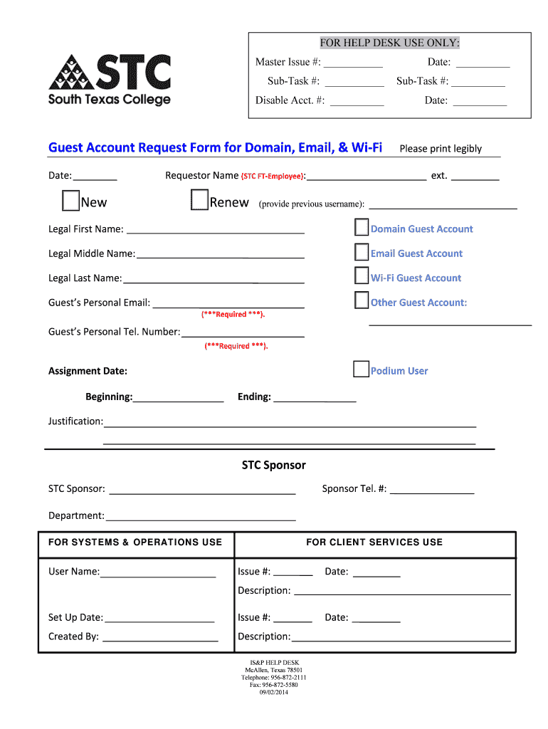 Fillable Online isp southtexascollege Guest Account Request Form for Domain, Email, & Wi-Fi ...
