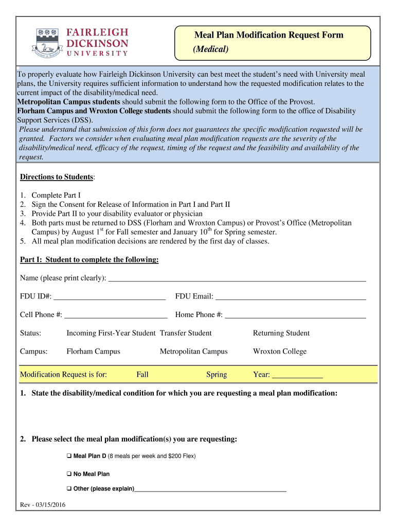 Fillable Online Meal Plan Modification Request Form (Medical) Fax Email ...