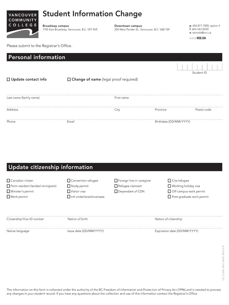 Fillable Online Student Information Change. Student Information Change ...