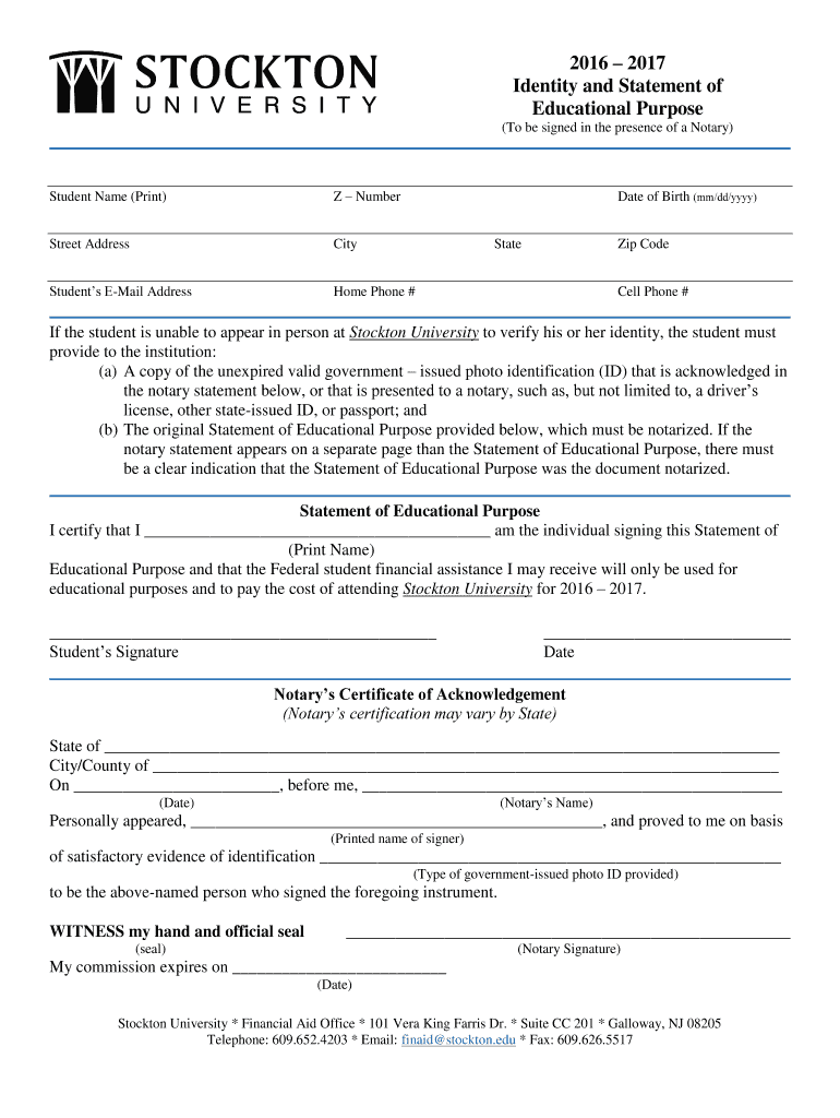 Fillable Online stockton 2016 2017 Identity and Statement of ...