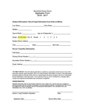 Fillable Online MeyerPark Charter School Application Form 2016 - 2017 ...