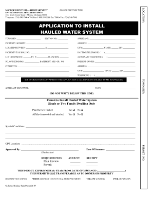 Fillable Online APPLICATION TO INSTALL HAULED WATER SYSTEM Fax Email ...