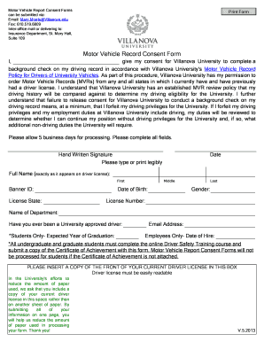 Fillable Online www1 villanova Motor Vehicle Report Consent Forms Fax ...