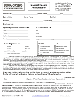 Fillable Online Medical Record Authorization - Iowa Ortho Fax Email ...