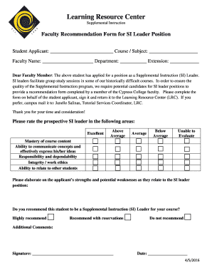 Fillable Online cypresscollege Faculty Recommendation Form for SI Leader Position Fax Email ...