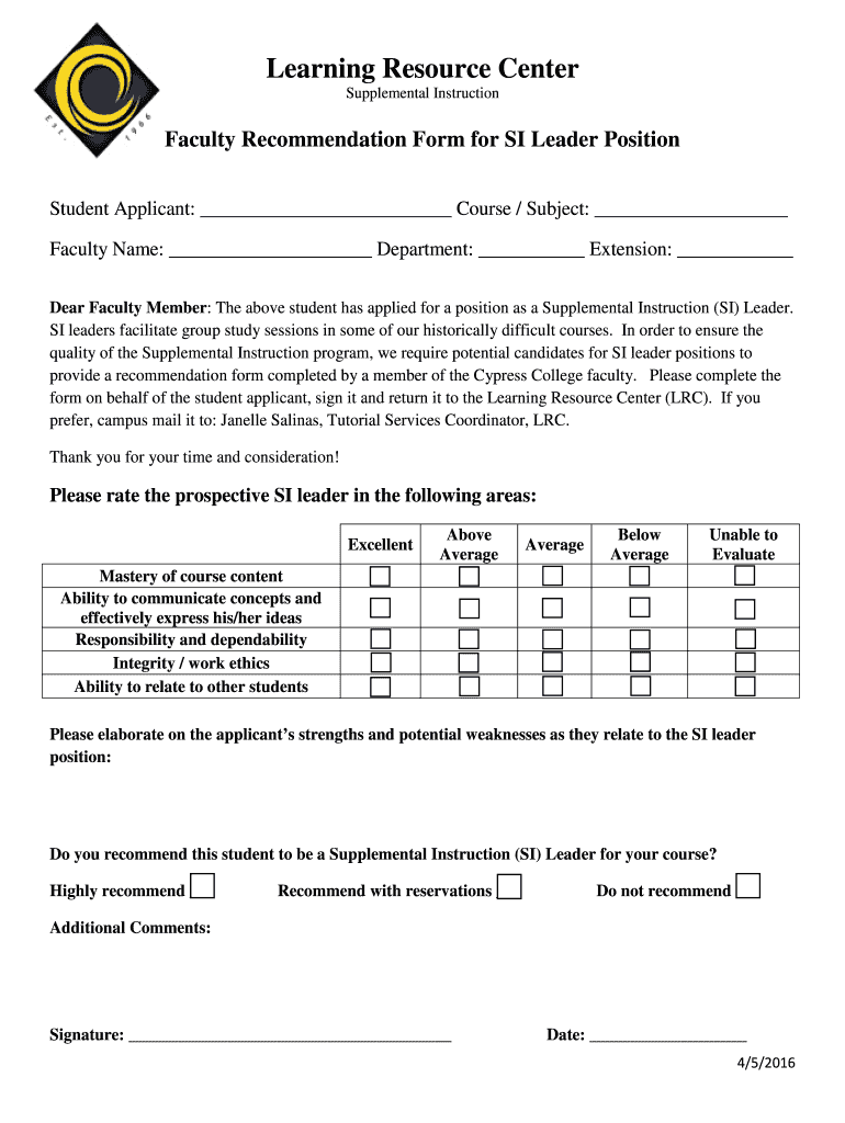 Fillable Online cypresscollege Faculty Recommendation Form for SI Leader Position Fax Email ...