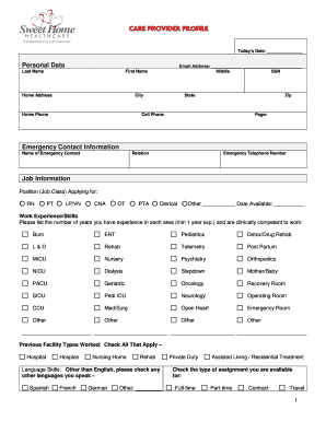 Fillable Online CARE PROVIDER PROFILE - Sweet Home Healthcare Fax Email ...