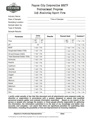 Fillable Online paysonutah Pretreatment Self-Monitoring Report Form ...