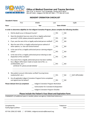 Fillable Online broward Indigent Cremation Checklist. Indigent ...