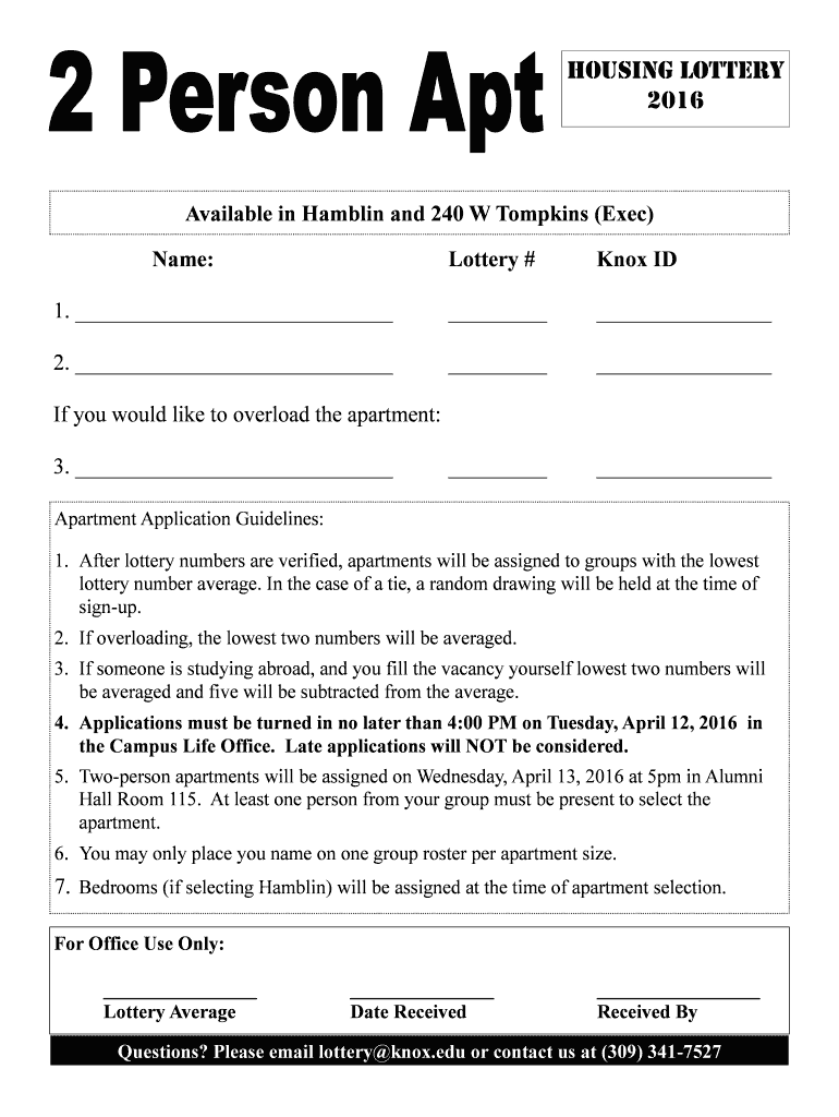 Fillable Online knox 2 Person Apartment Application - knox Fax Email ...