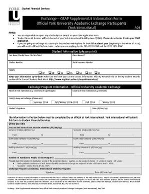 Fillable Online Exchange - OSAP Supplemental Information Form, Official York University Exchange ...