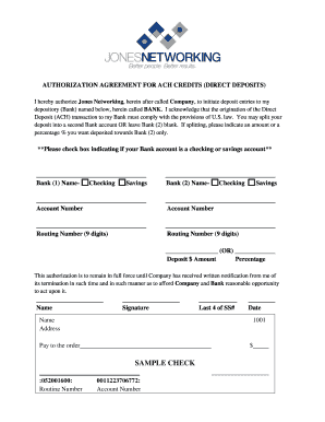 Fillable Online AUTHORIZATION AGREEMENT FOR ACH CREDITS (DIRECT DEPOSITS) Fax Email Print ...