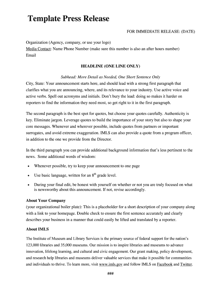 Fillable Online imls IMLS Press Release Template - Institute of Museum and Library ... Fax Email ...