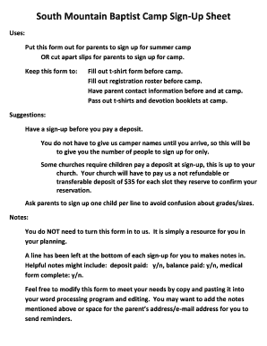 Fillable Online South Mountain Baptist Camp Sign-Up Sheet Fax Email ...