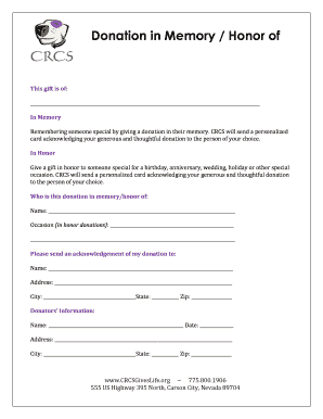 Fillable Online crcsgiveslife Donation in Memory / Honor of ...