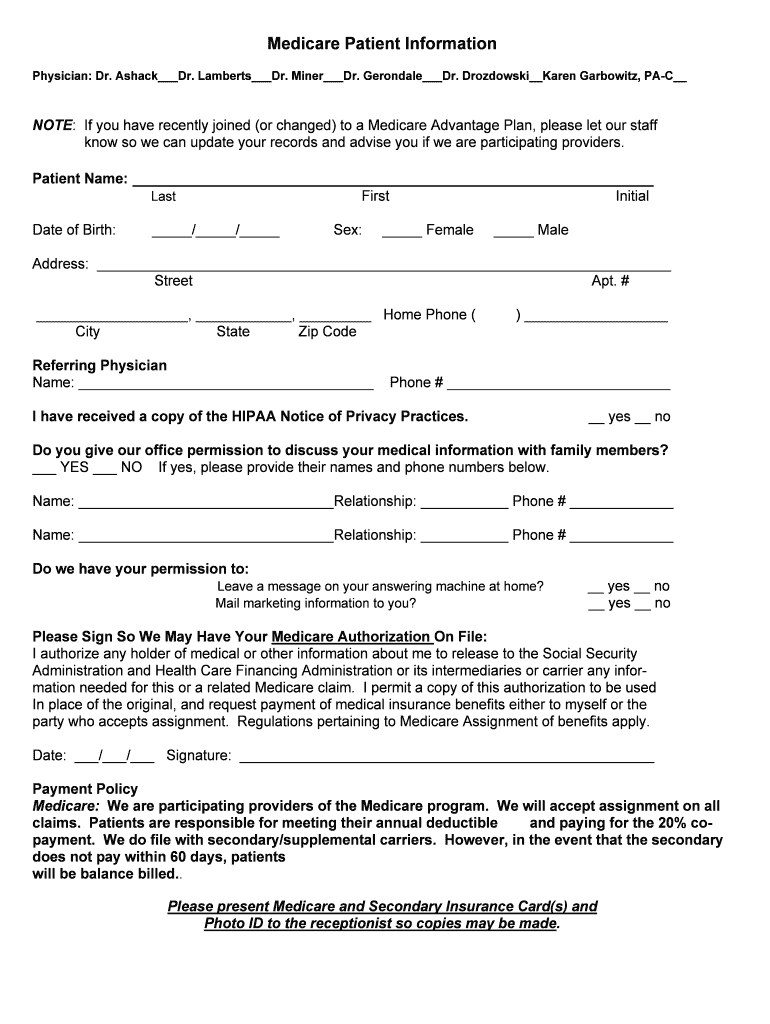Fillable Online Medicare Patient Information Patient Name: Fax Email Print - pdfFiller
