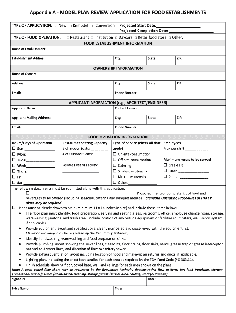 Fillable Online foodprotect Appendix A - MODEL PLAN REVIEW APPLICATION ...