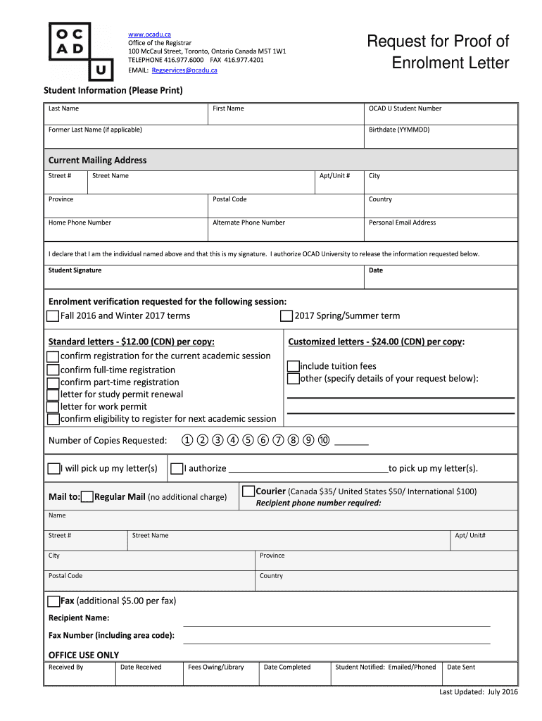 Fillable Online for Proof of Enrolment Letter - ocadu.ca Fax Email ...