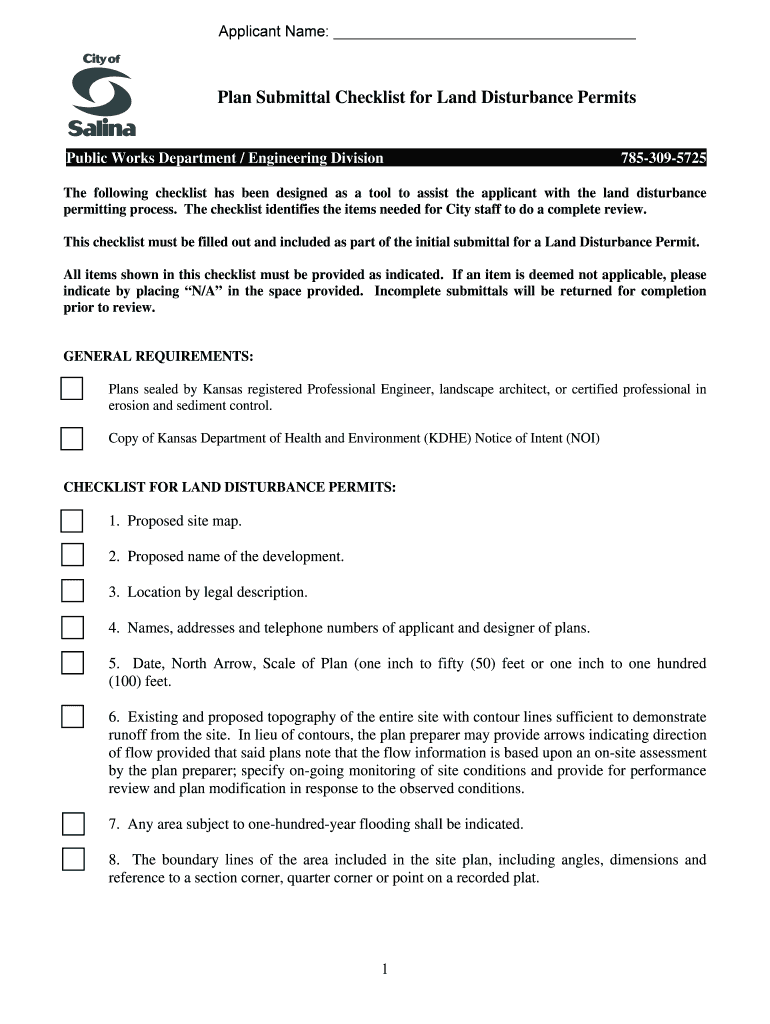 Fillable Online salina-ks Plan Submittal Checklist for Land Disturbance ...